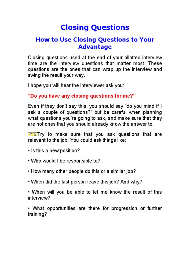 Closing Questions: How To Use Closing Questions To Your Advantage | PDF ...