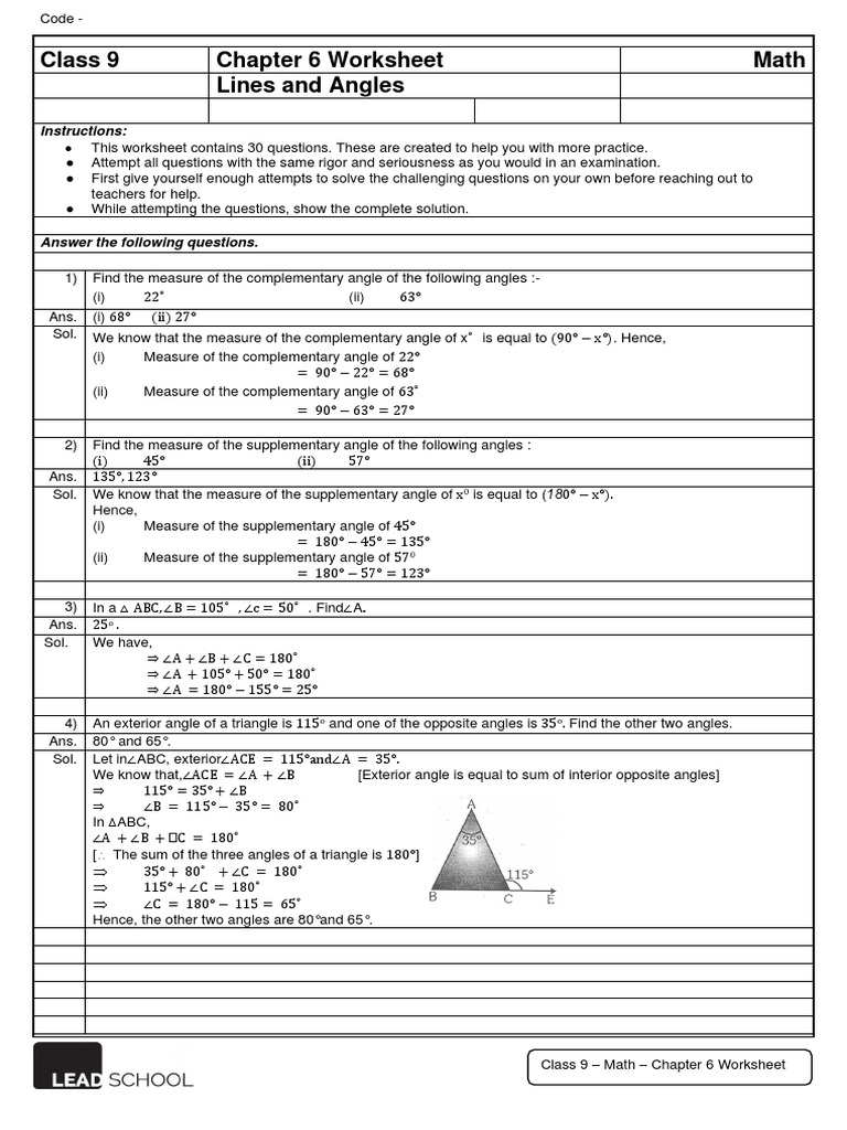 Class 9 Chapter 6 Worksheet Math Lines and Angles: Instructions | PDF ...