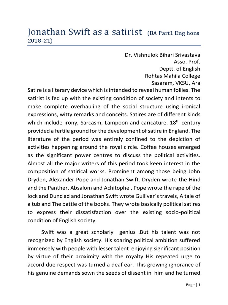 Jonathan Swift As A Satirist | PDF | Satire | Jonathan Swift