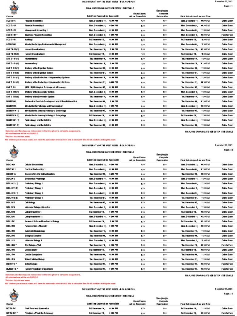 UWI MONA Final - Undergraduate Semester 1, 2021 - 22 Timetable UPDATED ...