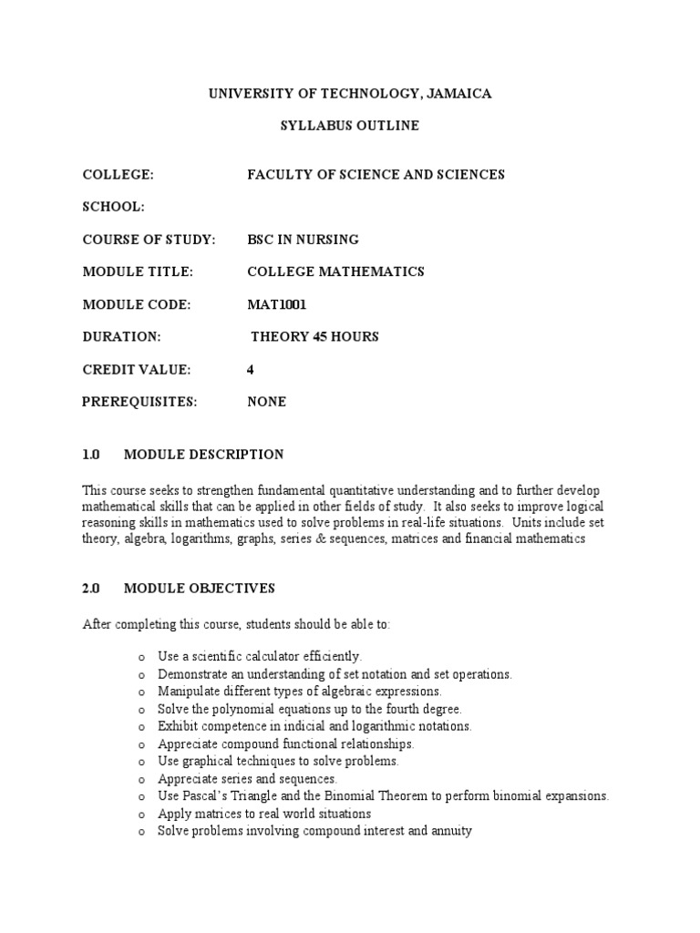 BSc Nursing College Mathematics Syllabus | PDF | Series (Mathematics ...