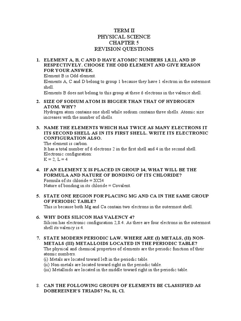 Chapter 5 - Physical Science - Revision Questions | PDF | Periodic ...