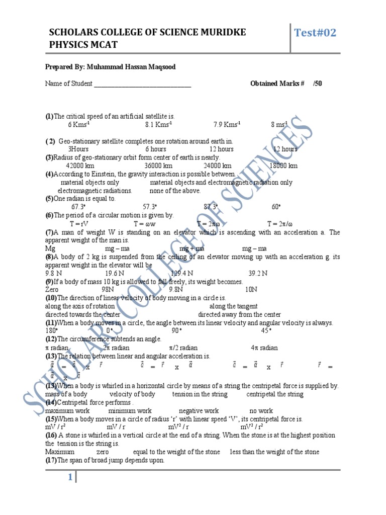 Physics MCAT Test #02 (5+6) | PDF | Acceleration | Fluid Dynamics