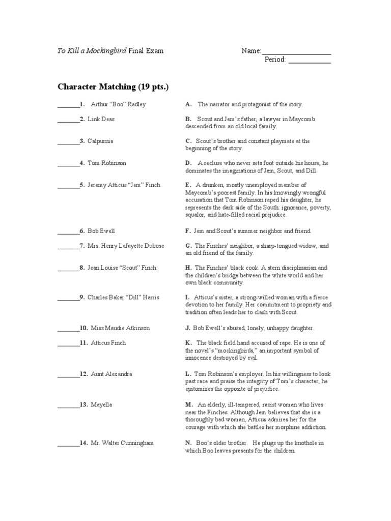 To Kill A Mockingbird Final Exa | PDF | To Kill A Mockingbird