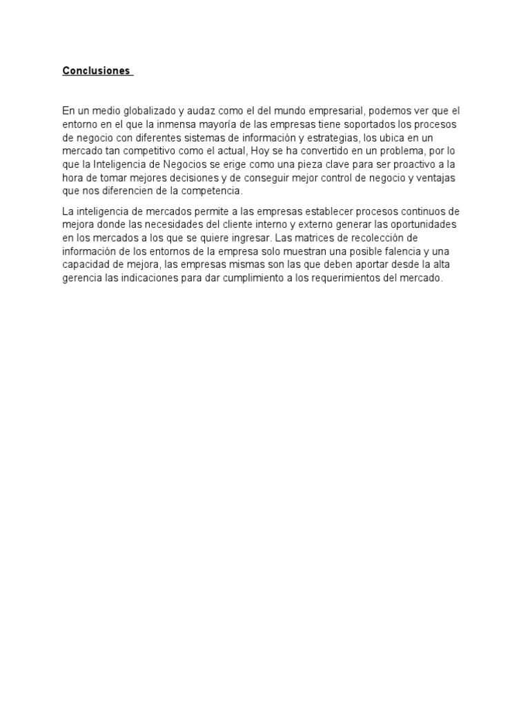 Conclusiones de La Inteligencia Empresarial y de Mercados Isaac | PDF