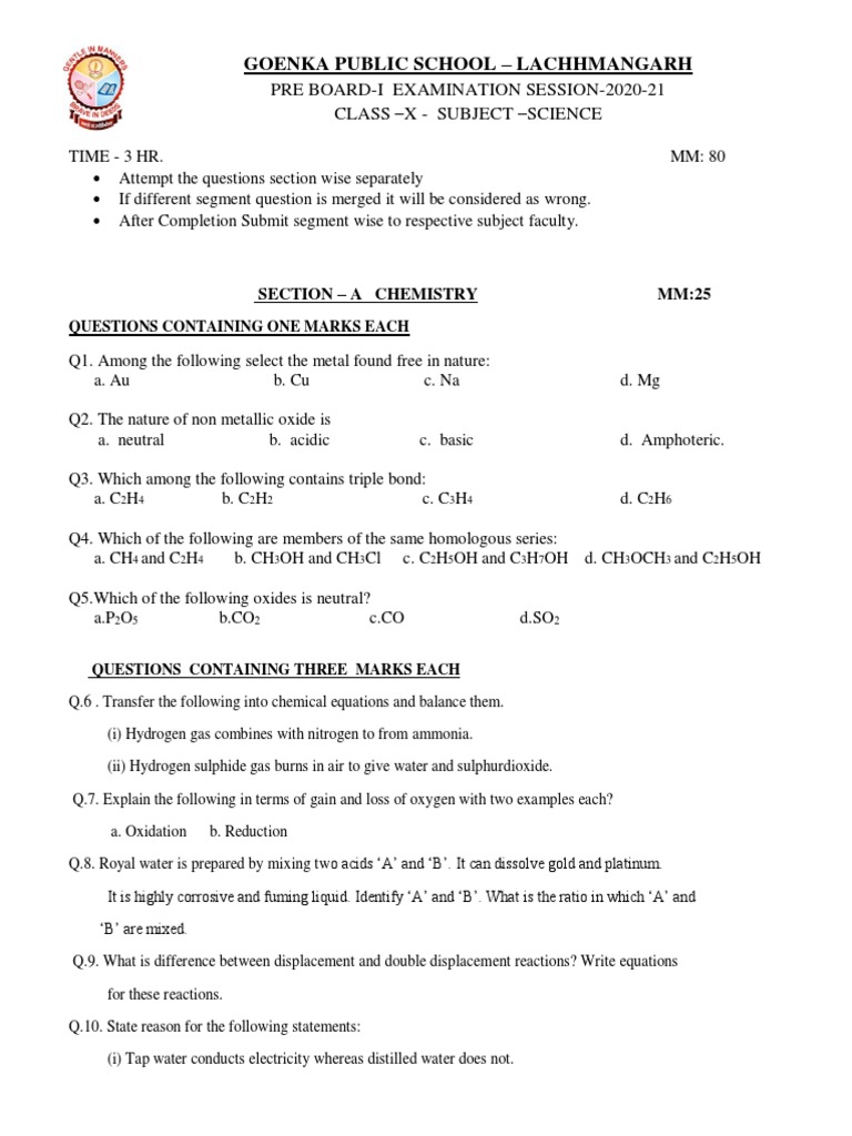 Class X Science Pre-Board Exam 2020-21 | PDF | Cellular Respiration | Redox