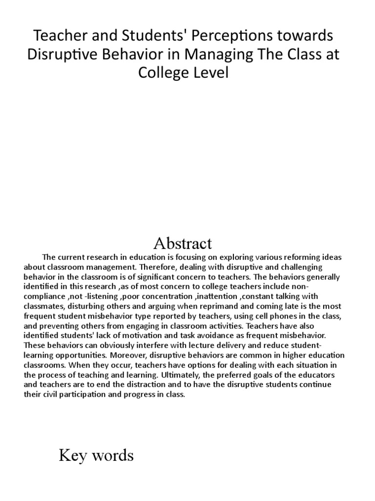 Teacher and Students' Perceptions Towards Disruptive Behavior in ...