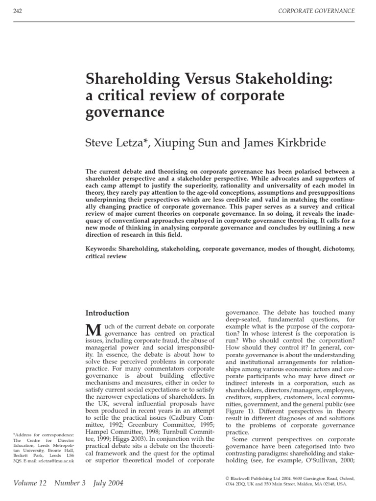 Theory - Letza 2004 | PDF | Corporate Governance | Governance