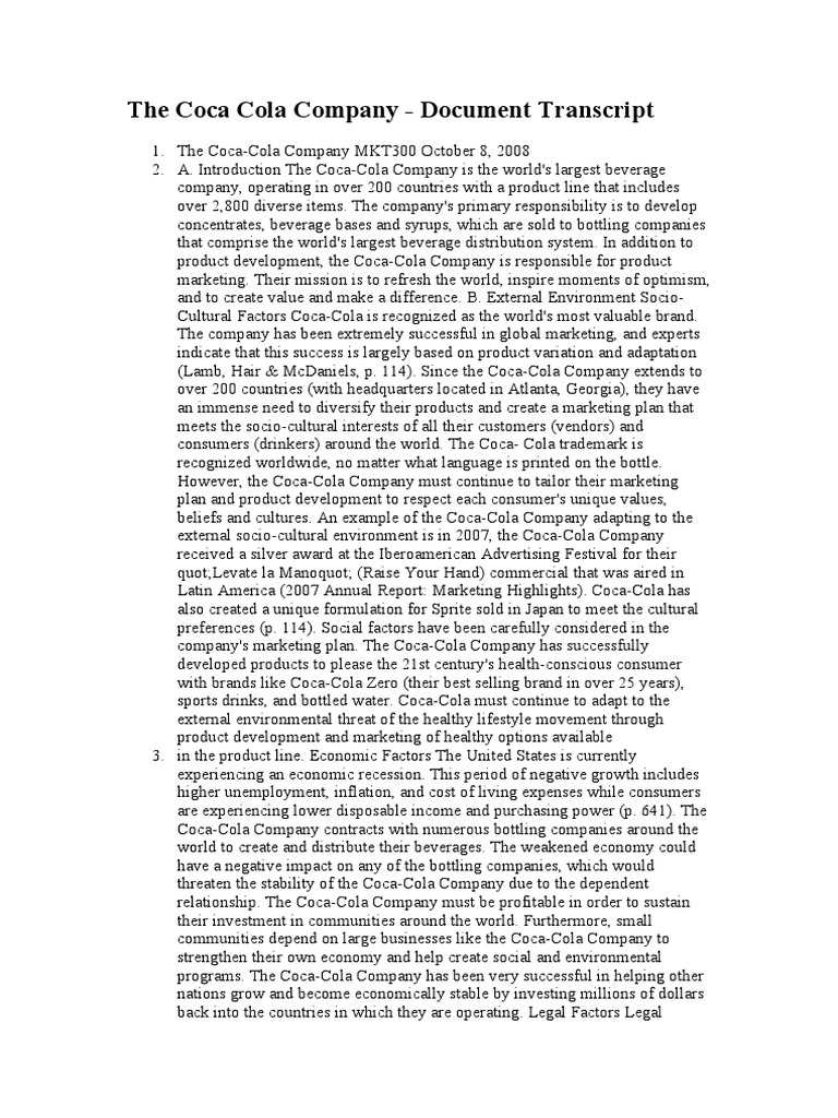 The Coca Cola Company | PDF | The Coca Cola Company | Coca Cola
