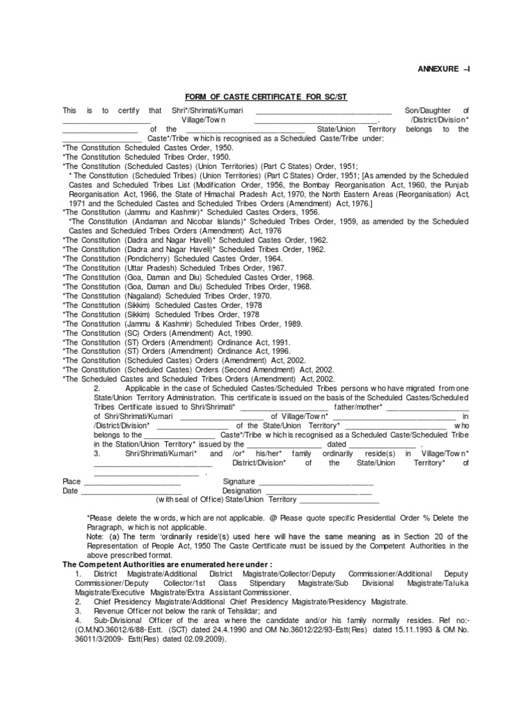 Annexure I Form of Caste Certificate For SC ST | PDF | Government ...