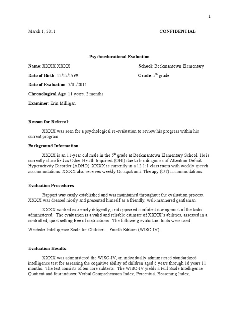 Confidential Psychological Report | PDF | Wechsler Adult Intelligence Scale | Clinical Psychology