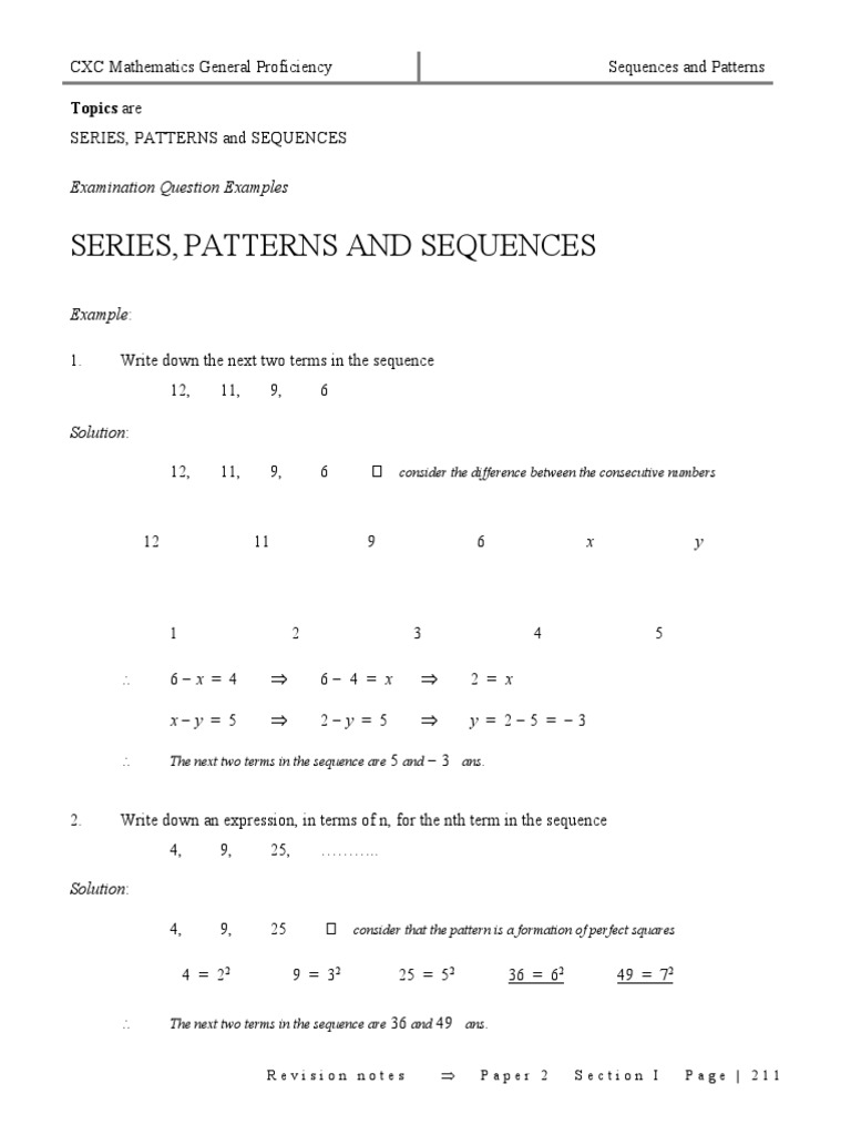 Series, Patterns and Sequences: Examination Question Examples ...