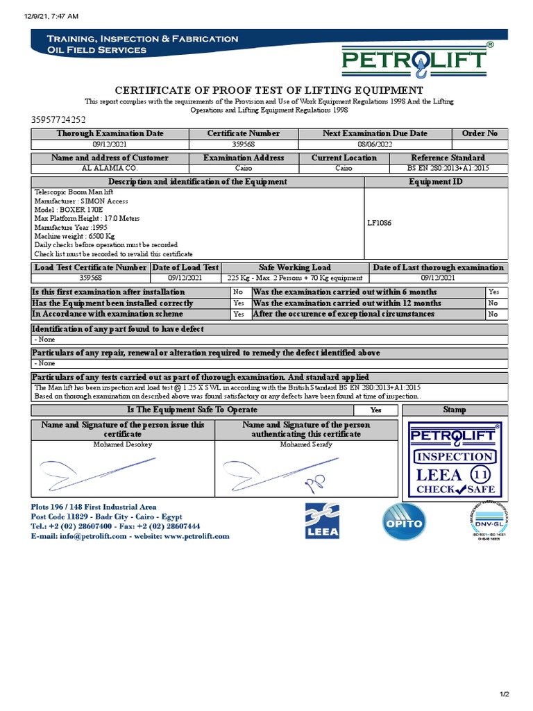 Certificate of Proof Test of Lifting Equipment | PDF | Elevator ...