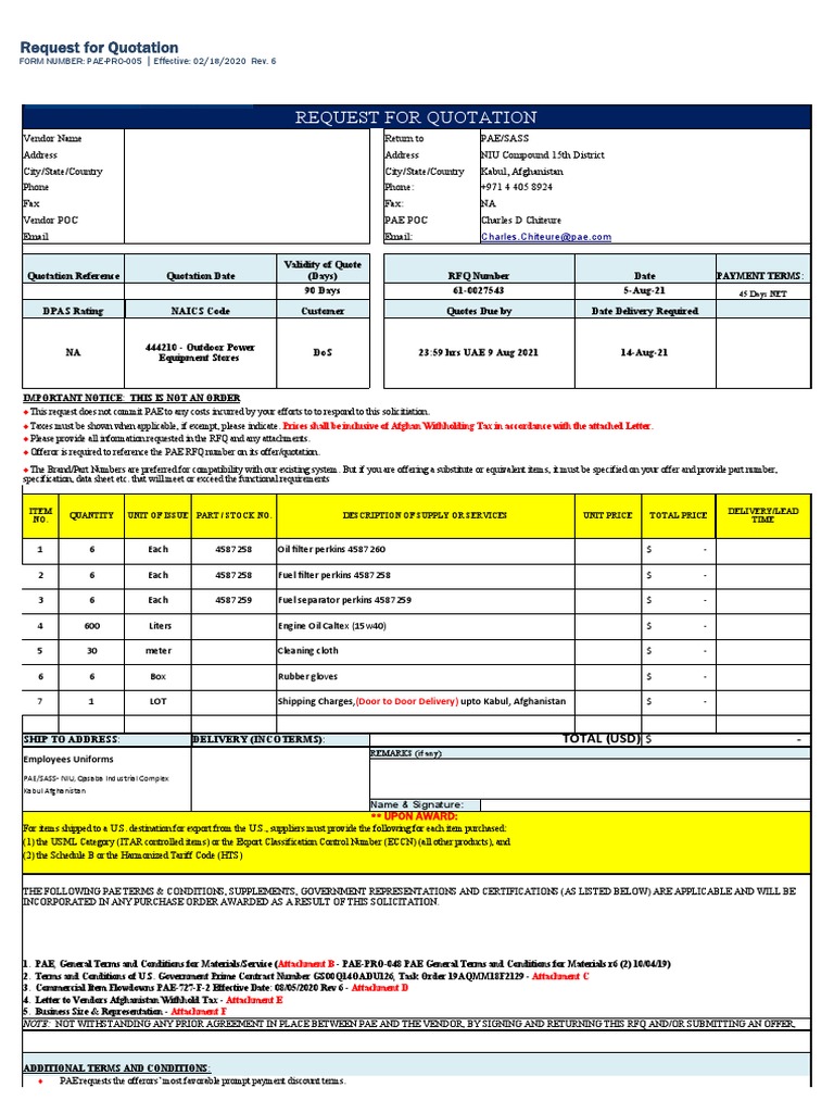 RFQ for Generator Parts & Supplies | PDF | Prices | General Services ...