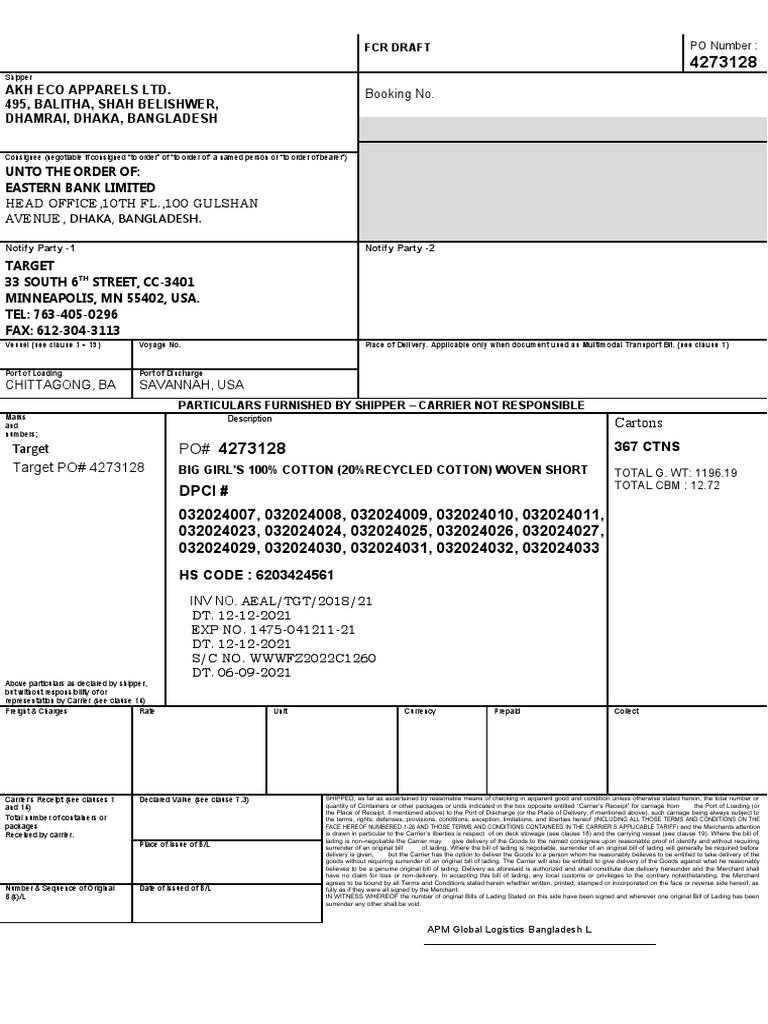 FCR Draft Copy - Po No. 4273128 | PDF | Bill Of Lading | Trade
