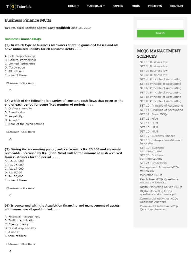 SET 18 Business Finance MCQs in PDF BBA. | PDF