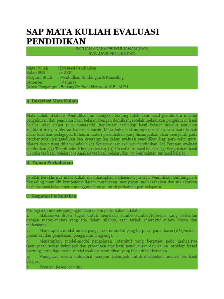 Contoh Sap Mata Kuliah Evaluasi Pendidikan | PDF