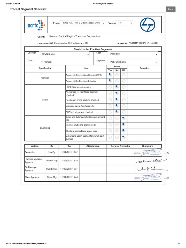 Precast Segment Quality Checklist | PDF | Concrete | Economic Sectors