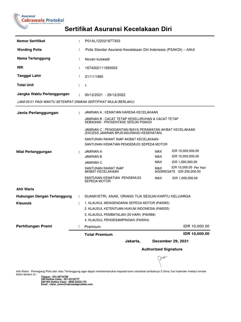 Sertifikat Asuransi Kecelakaan Diri: Jenis Pertanggungan | PDF