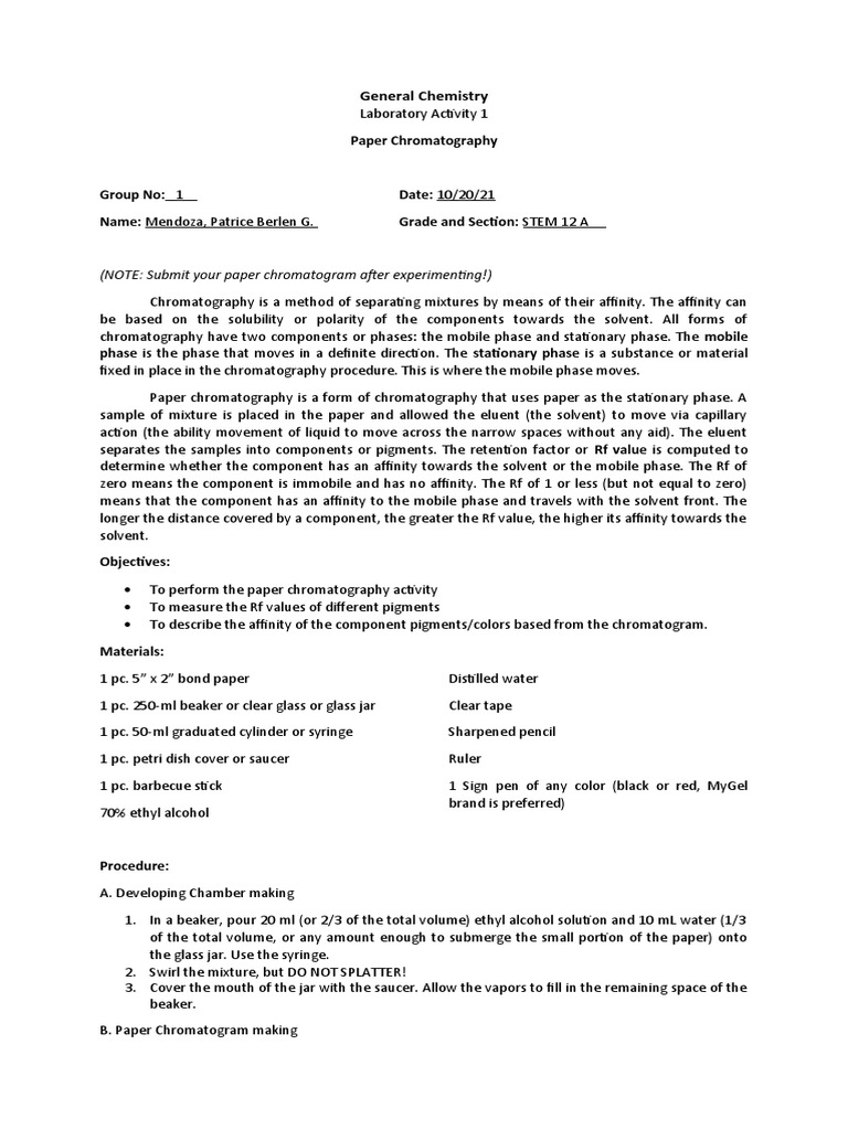 Chemistry Lab 1 Paper Chromatography | PDF | Chromatography | Materials
