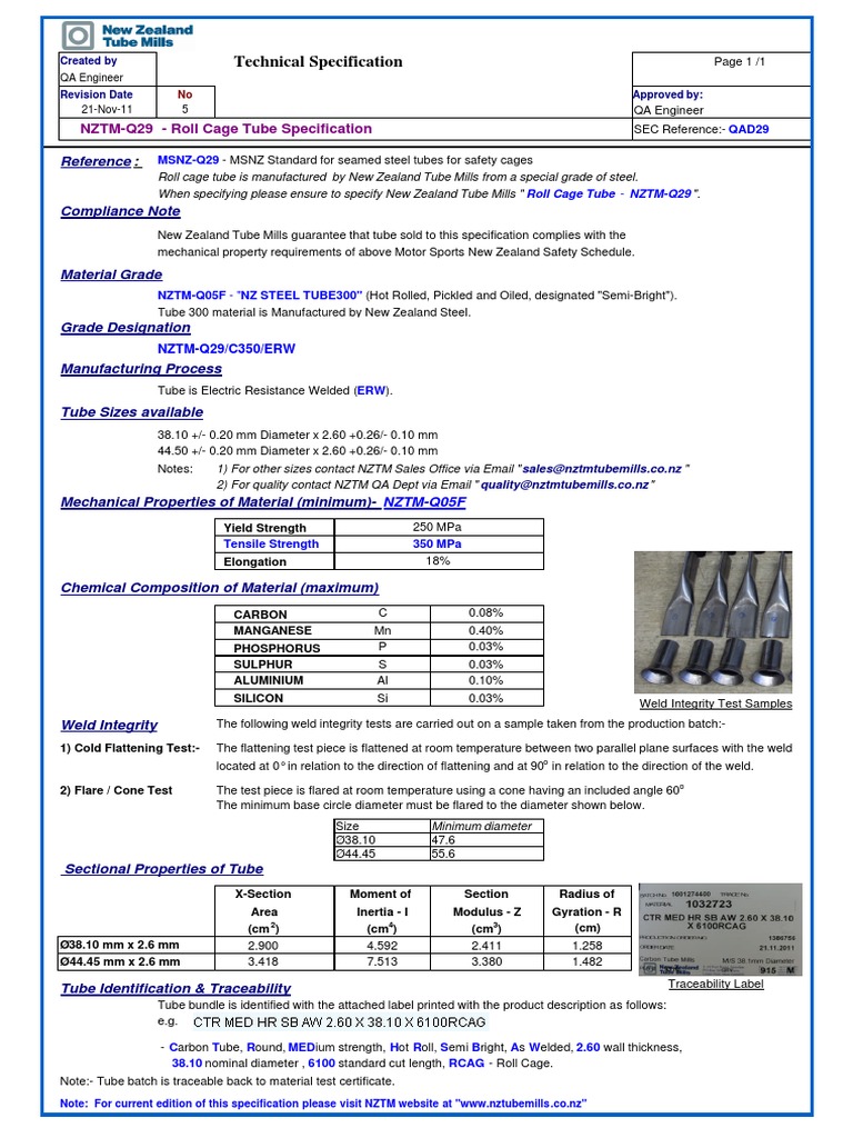 NZTM-Q29 - Roll Cage Tube Specification | PDF | Pipe (Fluid Conveyance ...
