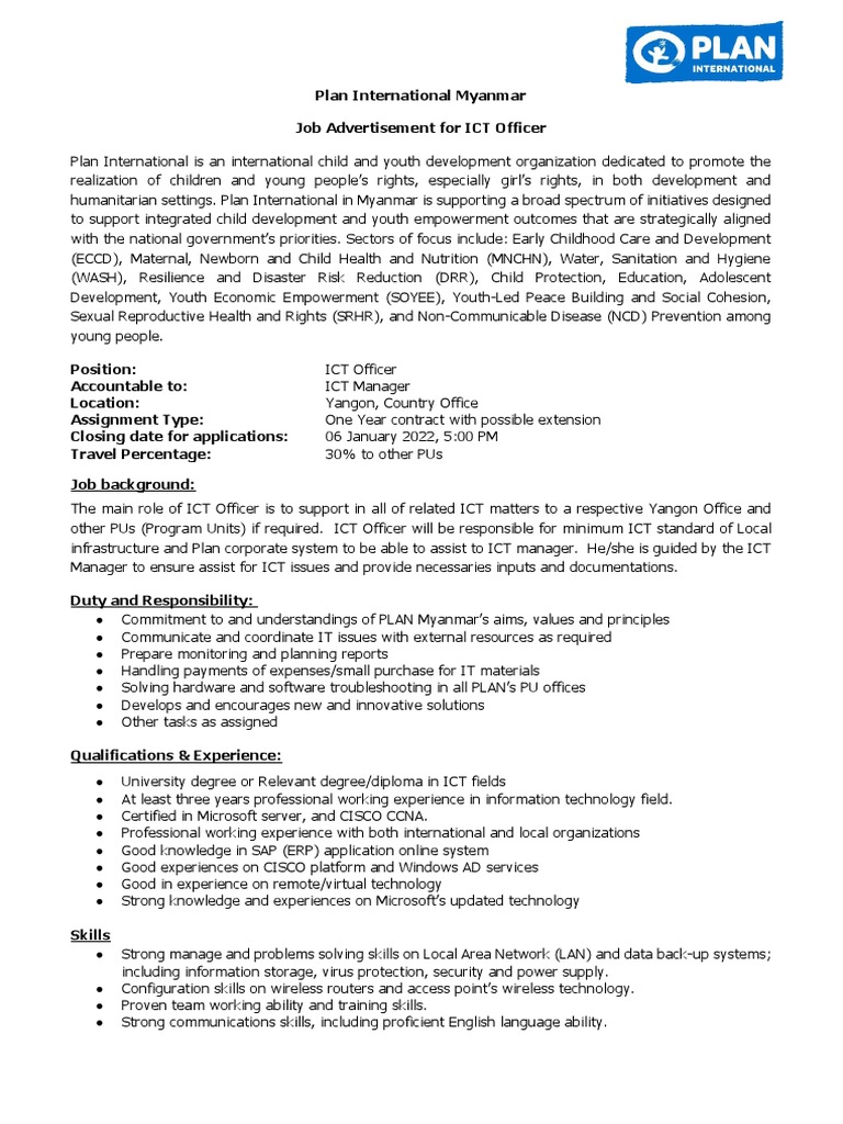 Plan Myanmar Job Advertisement For ICT Officer CO | PDF | Computing