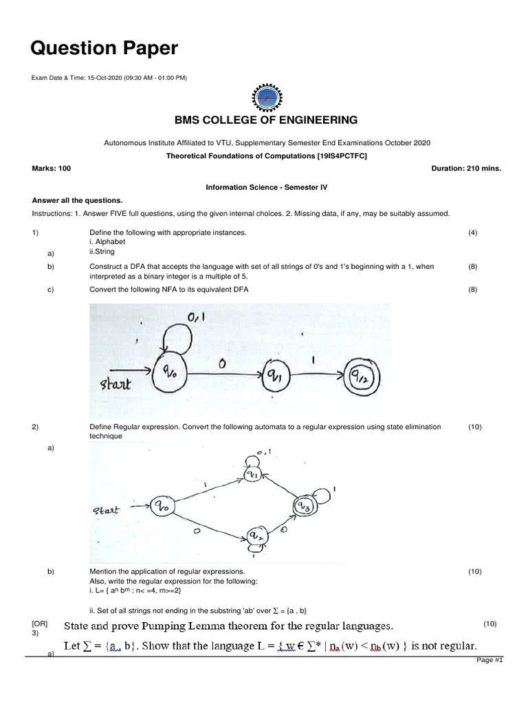 Question Paper: Bms College of Engineering | PDF | Regular Expression ...
