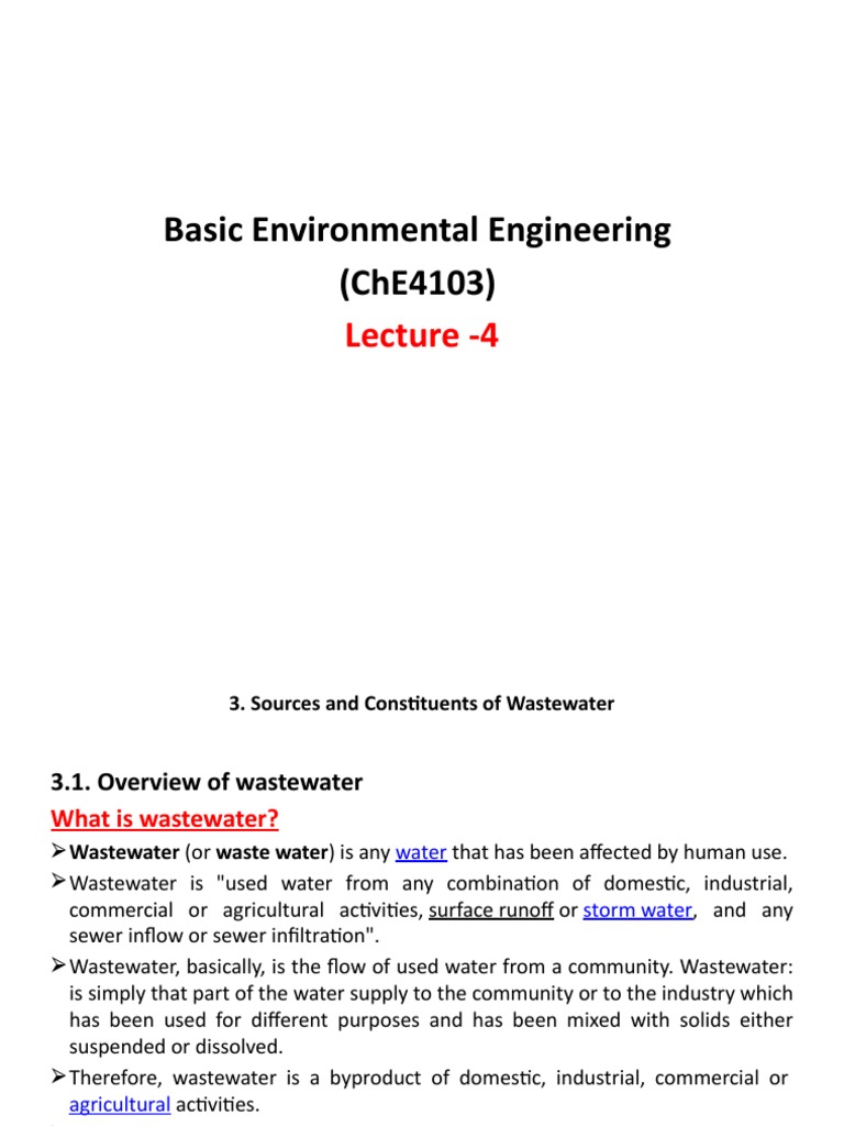 Basic Environmental Engineering (Che4103) : Lecture - 4 | PDF | Wastewater | Sewage Treatment