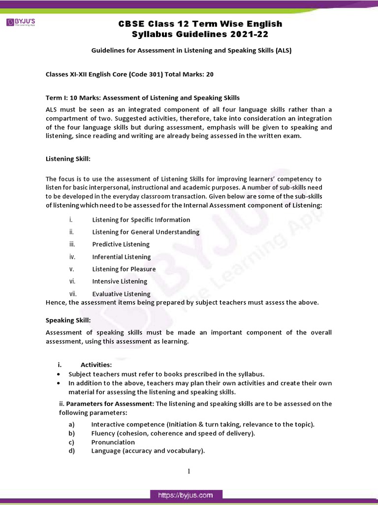 CBSE Class 12 Term Wise English Syllabus Guidelines 2021 22 | Download ...