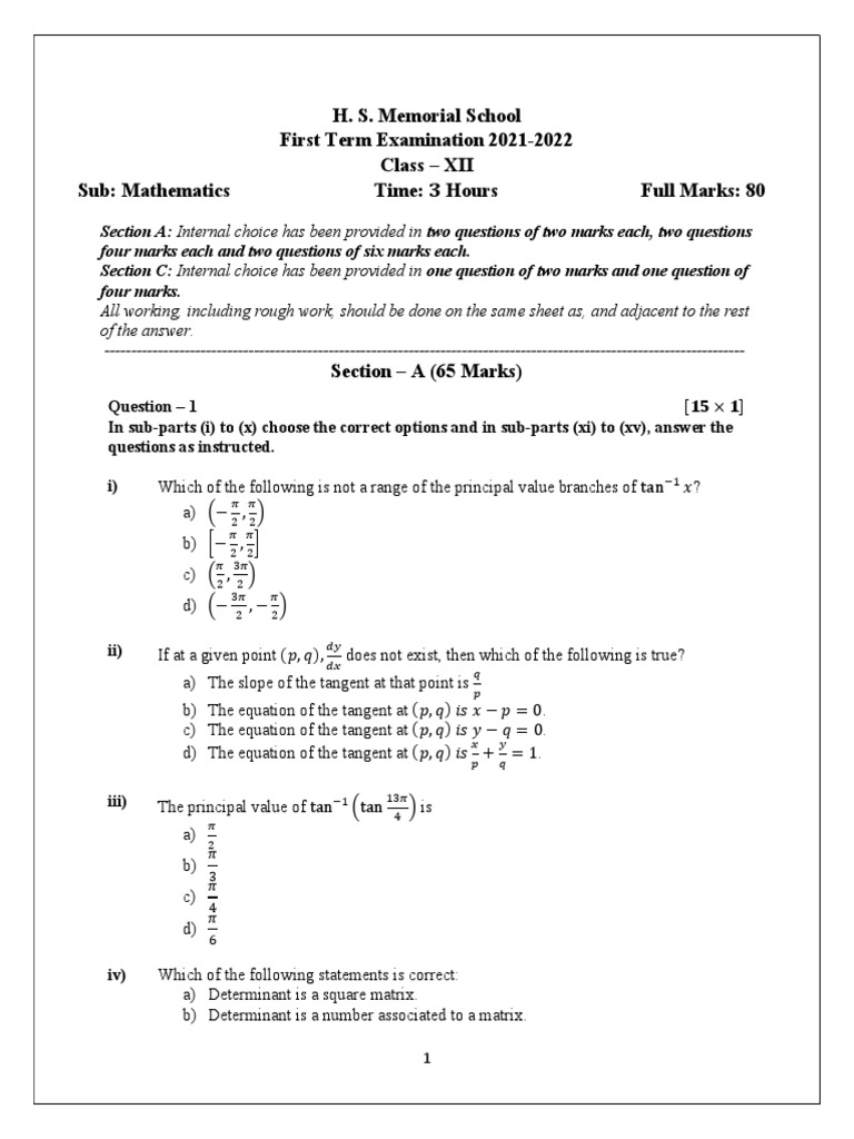ISC Class 12 Maths Term 1 Paper 2021 | PDF | Mathematics | Mathematical ...