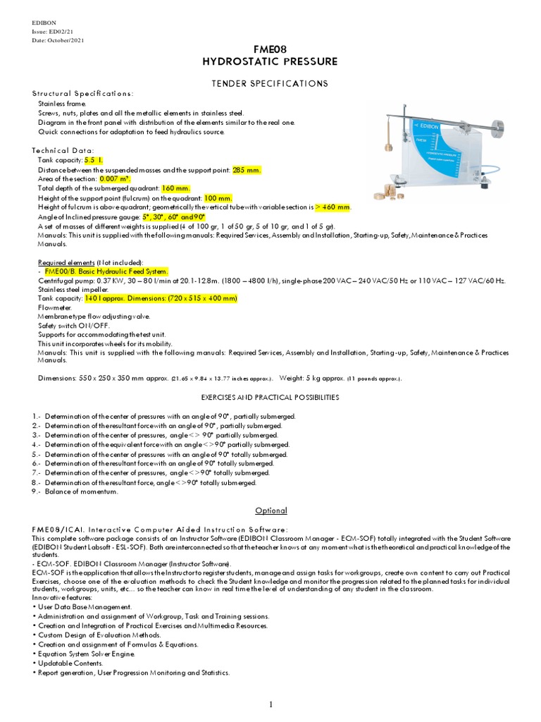 01 - Fme08 Hydrostatic Pressure | PDF | Flow Measurement | Pressure ...