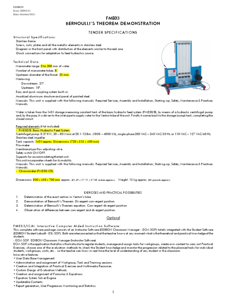 Bernoulli's Theorem Demonstration Unit | PDF | Flow Measurement | Pump