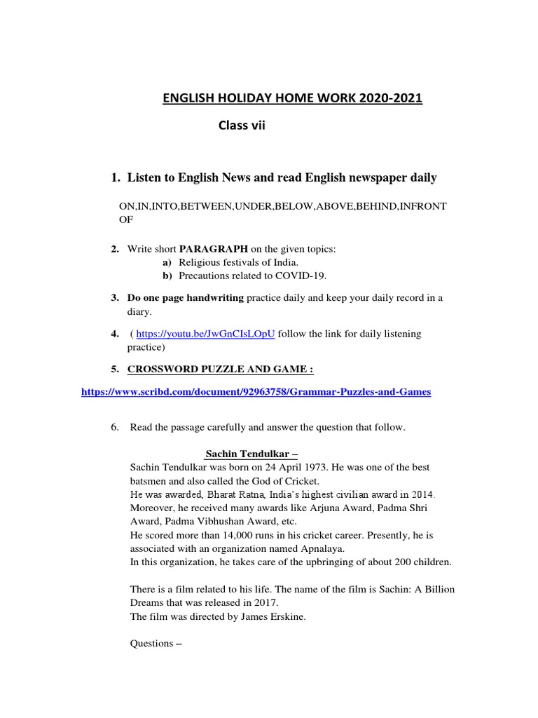 English Holiday Homework | PDF | Hare