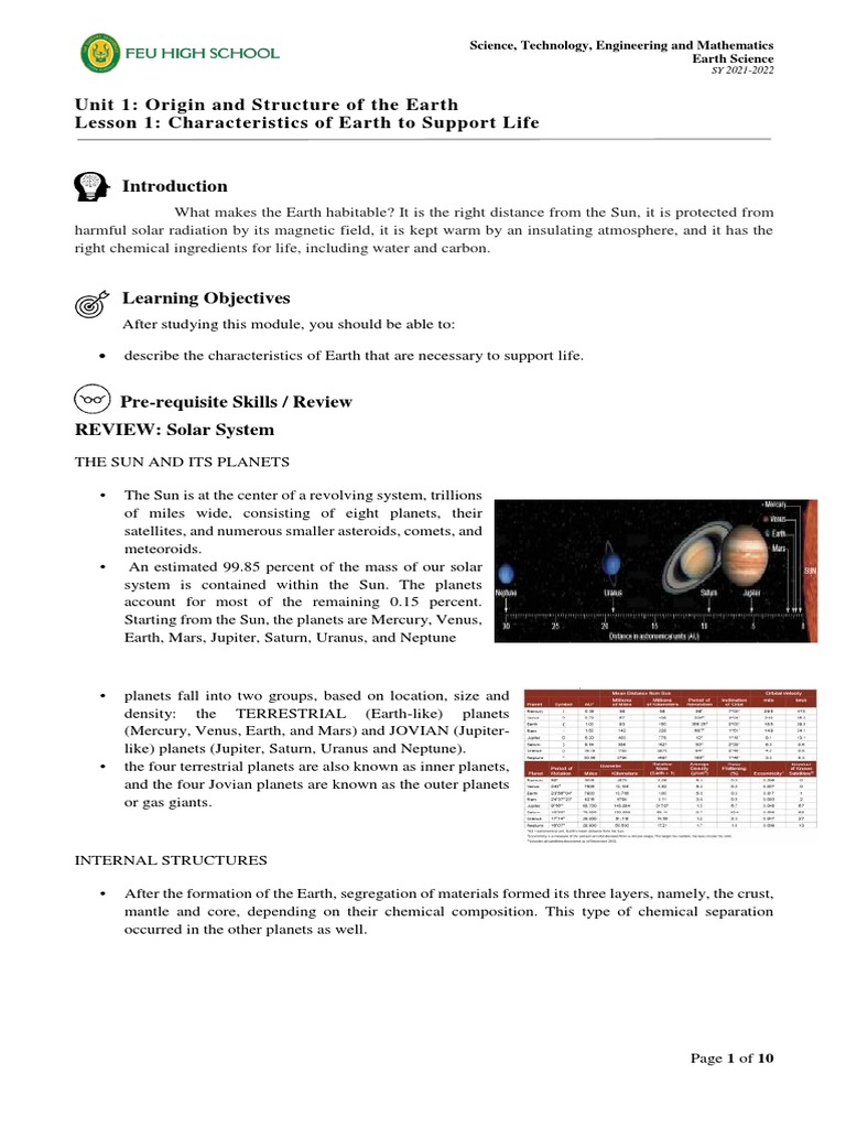 ES Study Guide - Lesson1-Characteristics of Earth To Support Life | PDF ...