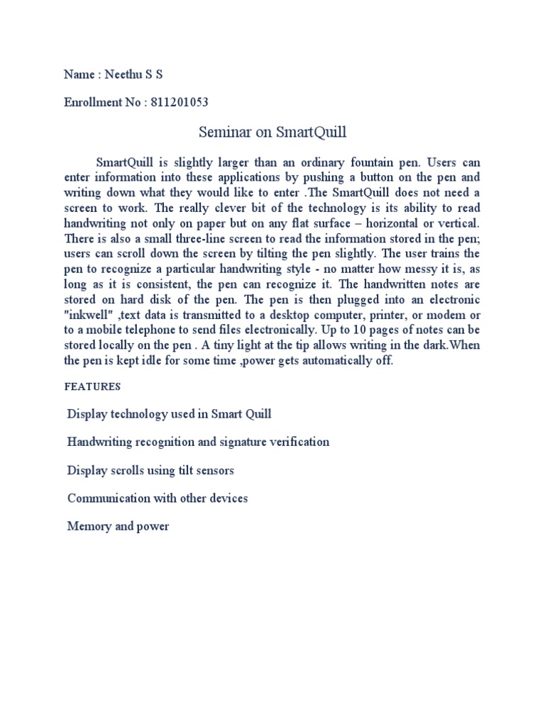 Seminar On Smartquill: Features | PDF | Computers