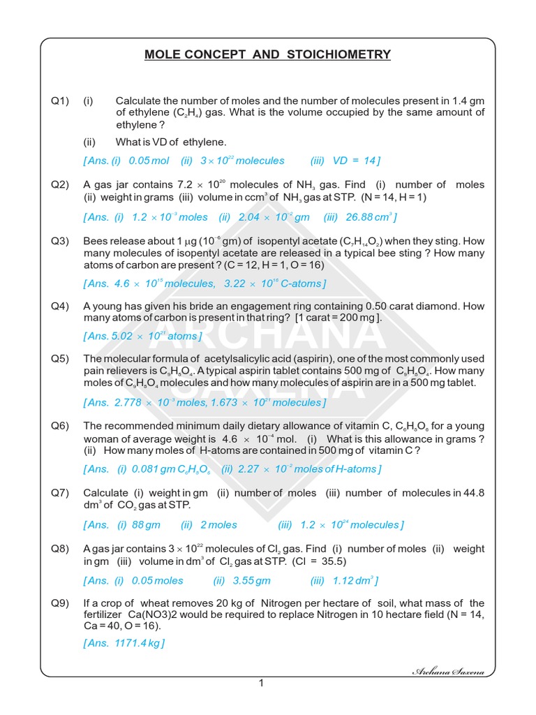 Mole Concept and Stoichiometry | PDF | Mole (Unit) | Gases
