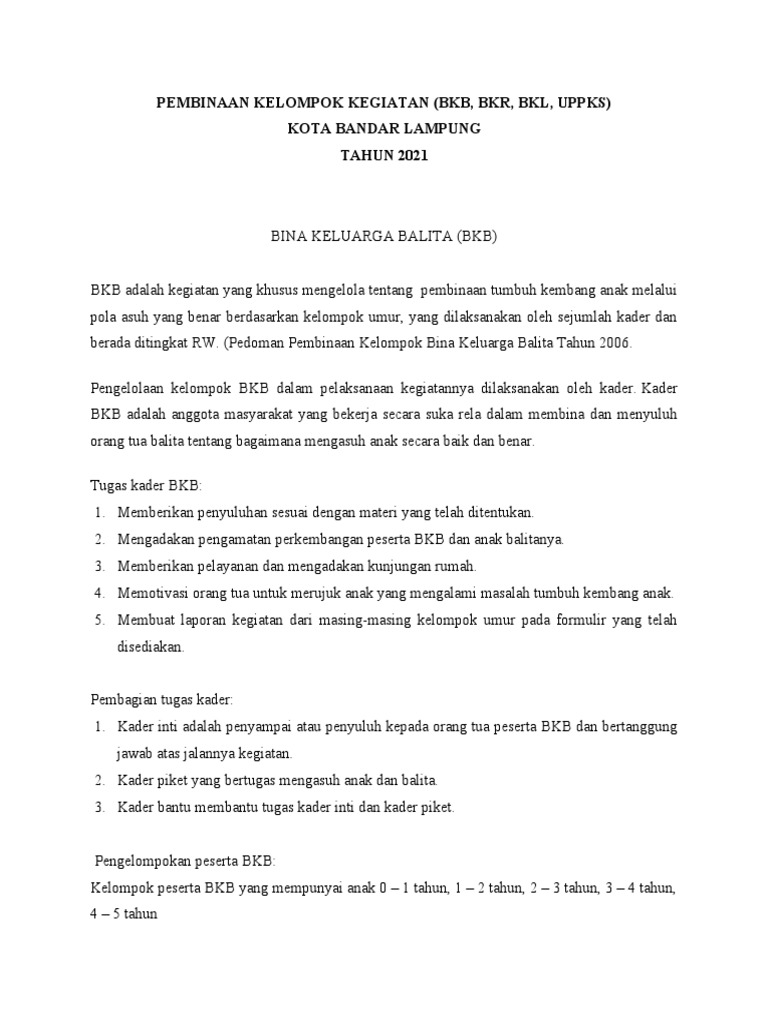 Materi Pembinaan BKB, BKR, BKL, Uppka | PDF