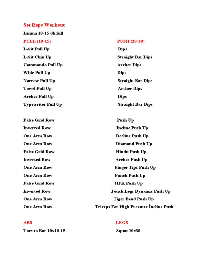 Set Reps Workout: PULL (10-15) PUSH (20-30) | PDF