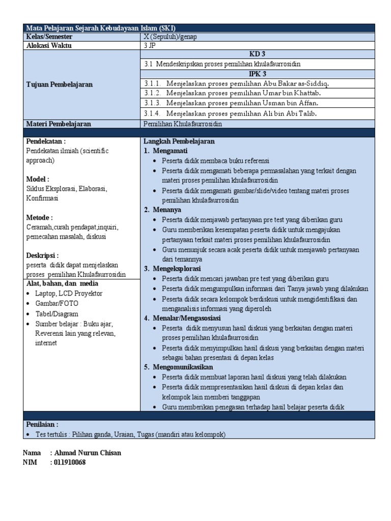 RPP Ski Kelas 10 Semester 2 (Ahmad Nurun Chisan) | PDF