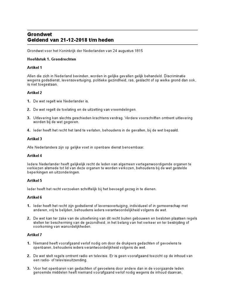 Grondwet Nederland - BWBR0001840-geldend - Van - 21-12-2018 - TM ...