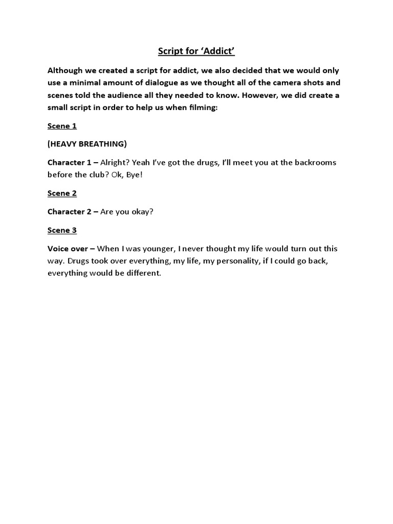 Minimal Dialogue Script for 'Addict' | PDF