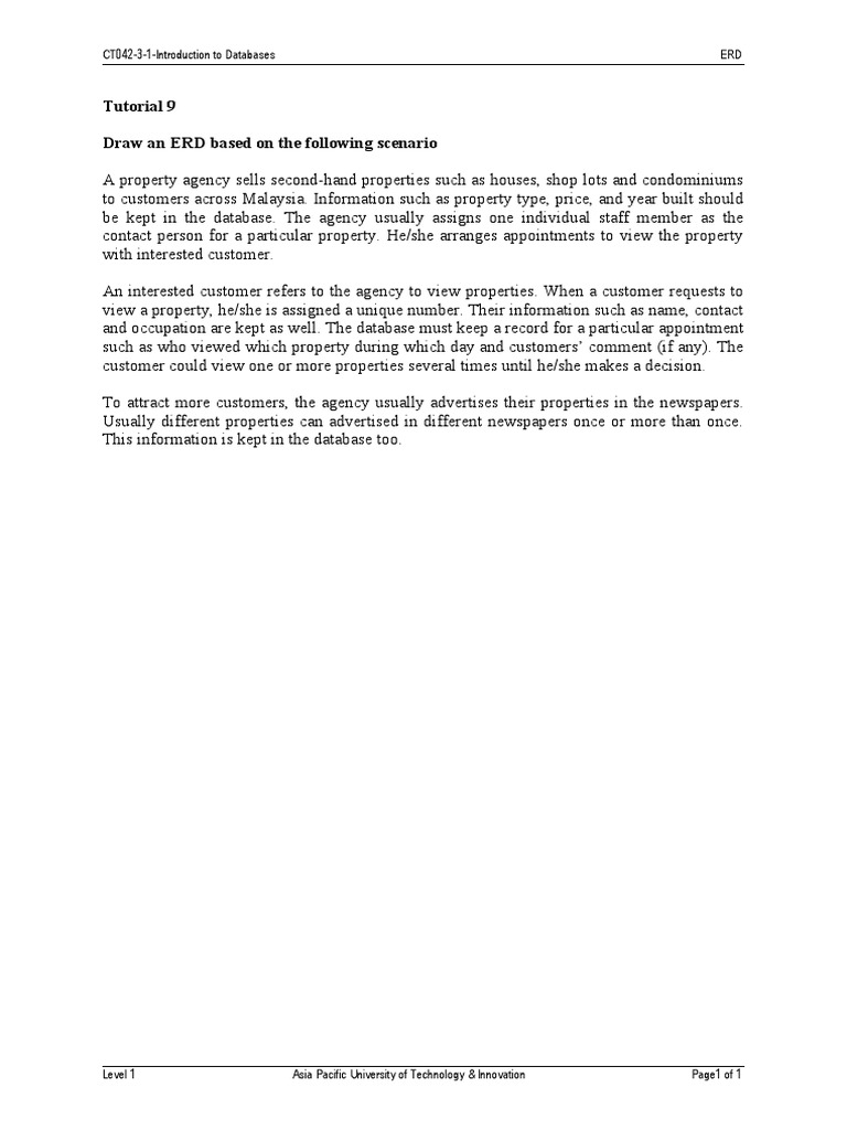 Tutorial 9 Draw An Erd Based On The Following Scenario Ct042 3 1 Introduction To Databases Erd 