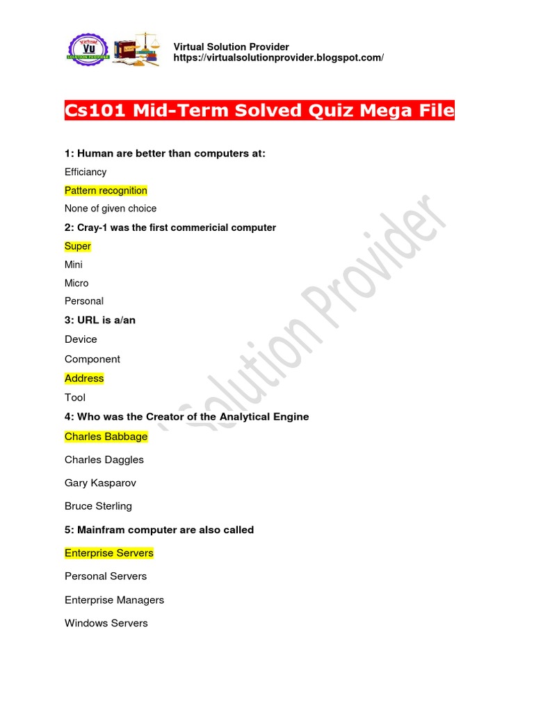 Cs101 Mid-Term Solved Quiz | PDF | Computer Data Storage | Solid State Drive