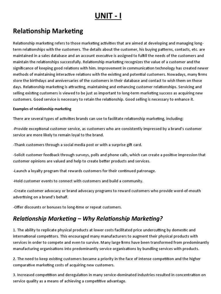 Unit - I: Relationship Marketing | PDF | Customer Relationship ...