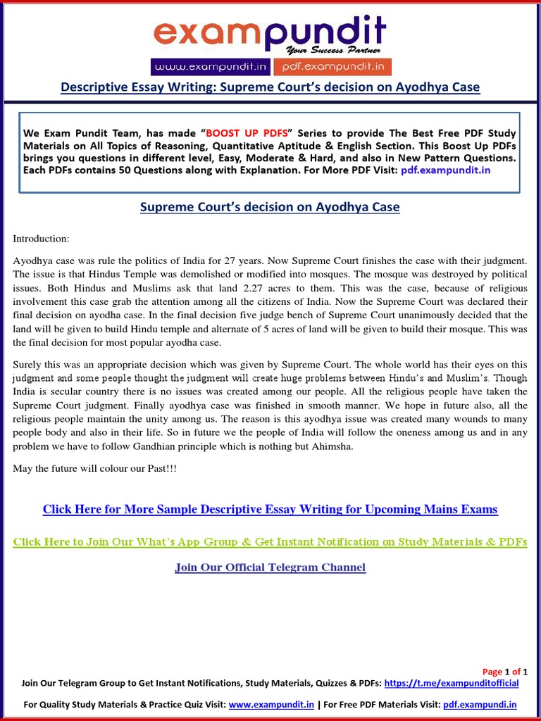 Descriptive Essay Writing: Supreme Court's Decision On Ayodhya Case ...