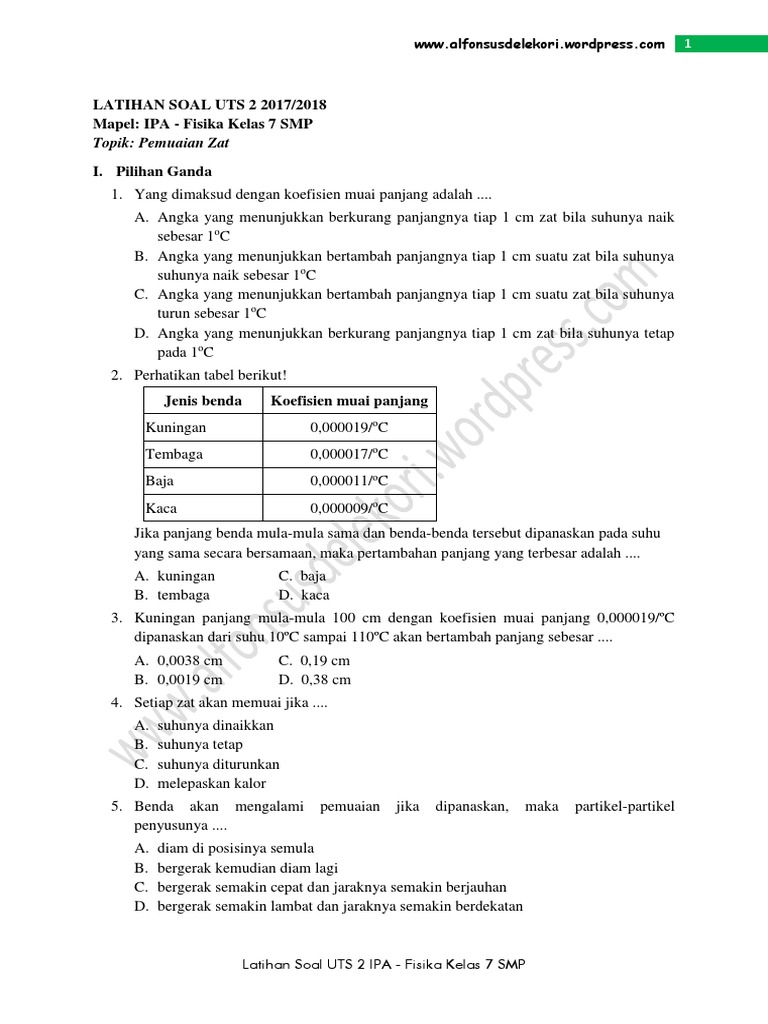 Kelas 7 Soal Latihan Uts 2 Ipa Fisika Kelas VII 1718 | PDF