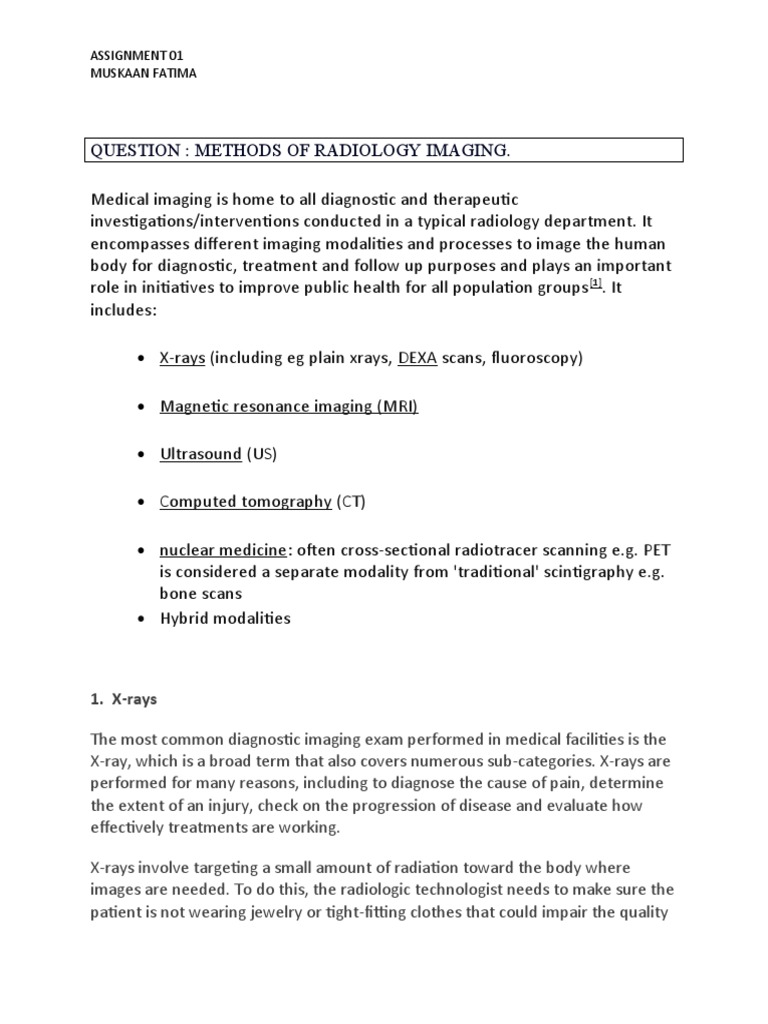 Question: Methods of Radiology Imaging.: Assignment 01 Muskaan Fatima | PDF | Medical Imaging ...