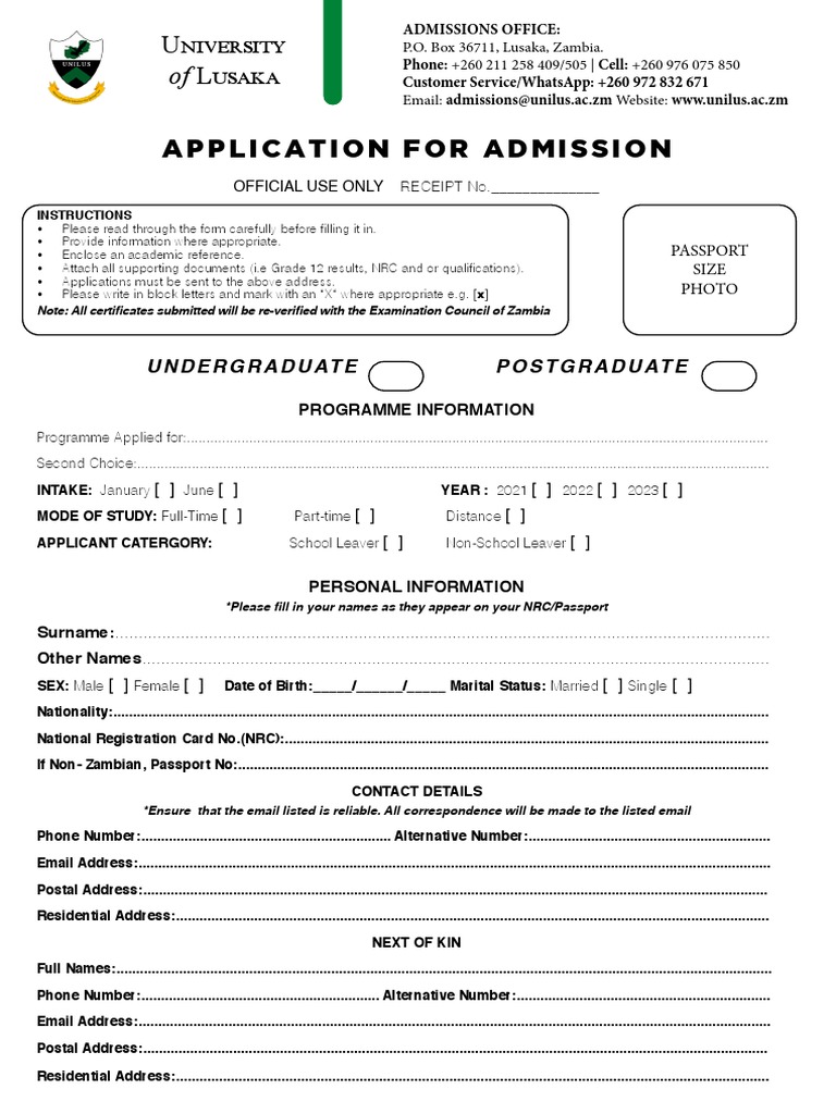 University of Lusaka Admission Application | PDF | Banks | Bachelor Of ...
