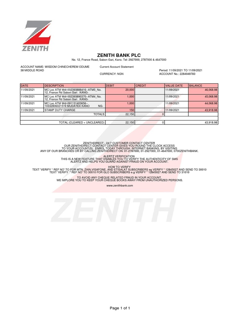 Zenith Bank PLC: Page 1 of 1 | PDF | Transaction Account | Money