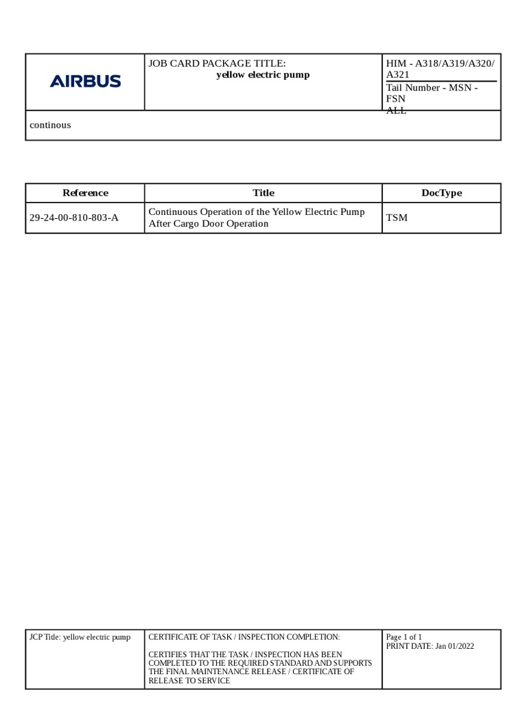 Yellow Electric Pump: Job Card Package Title: HIM - A318/A319/A320 ...